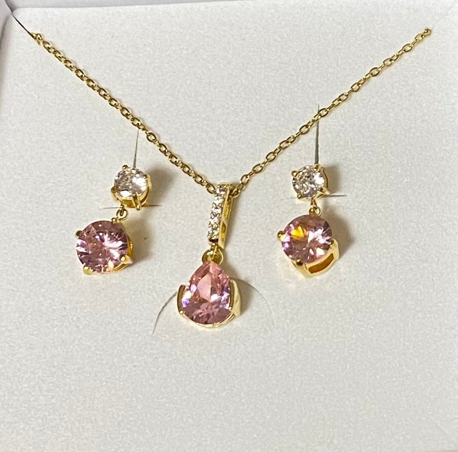 Pink and Clear Crystal Gold Plated Necklace and Earring Set - Louise's ...